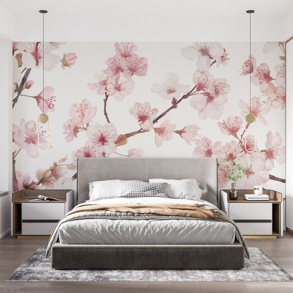 Mural Wallpaper white Japanese cherry blossom | Mountainous relief wit ...