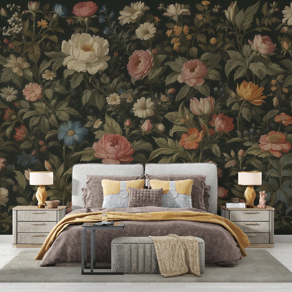 Colorful Vintage Floral Mural Wallpaper | Neutral Tone and Aged ...