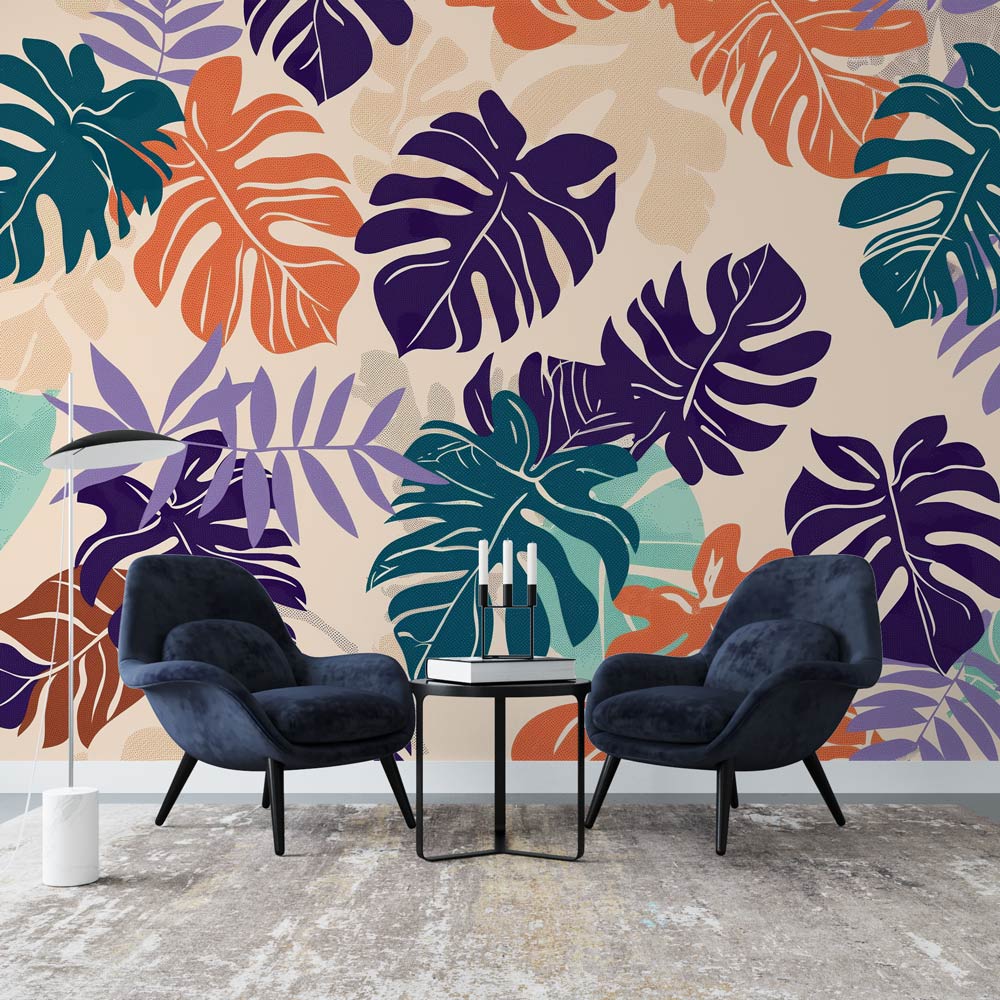 Mural Wallpaper monstera | Cluster of multicolored leaves — WonderMural
