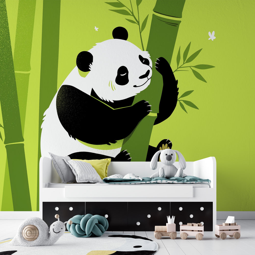Panda Mural Wallpaper | Bamboo and Light Green Background — WonderMural