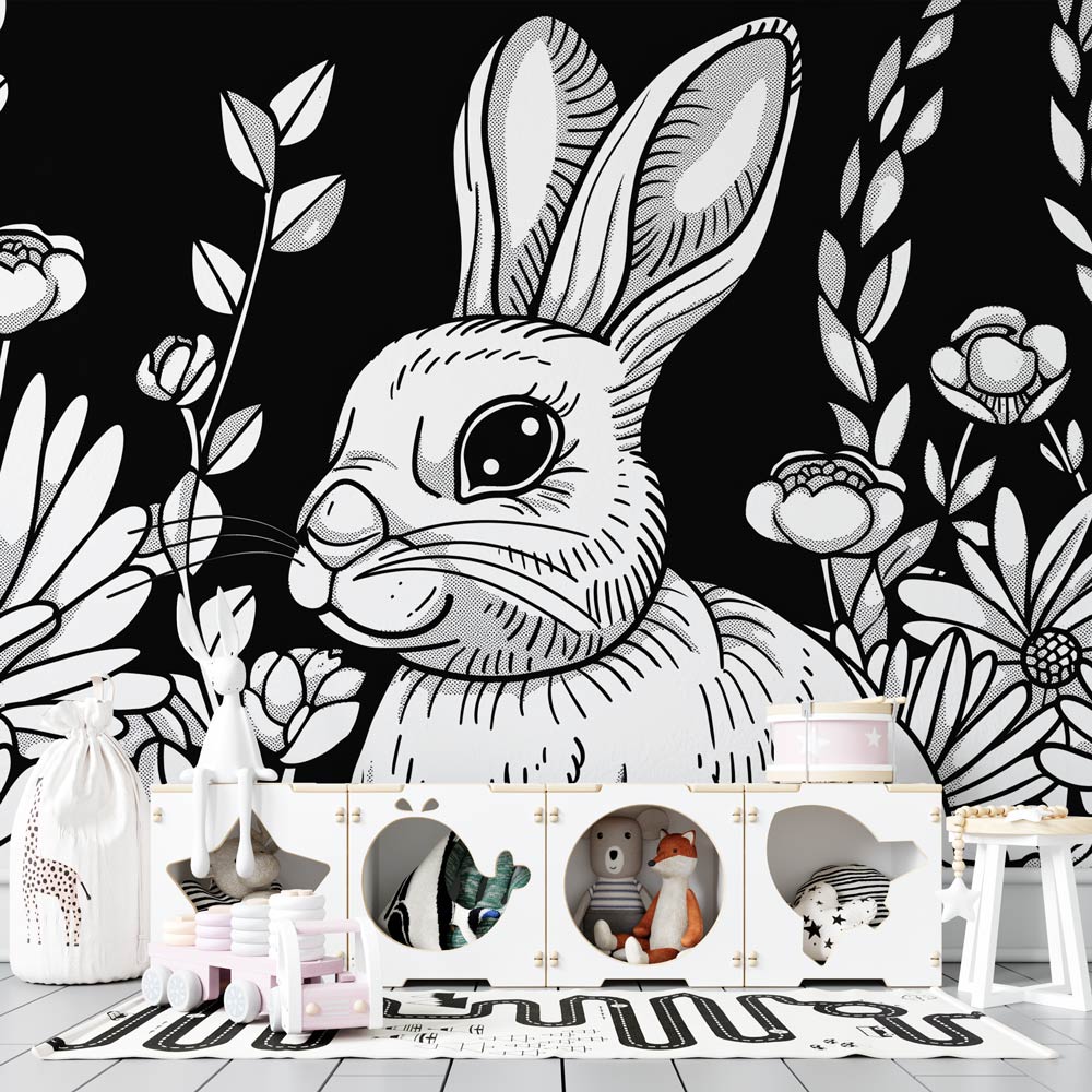 Mural Wallpaper coloring | Rabbit in black and white — WonderMural