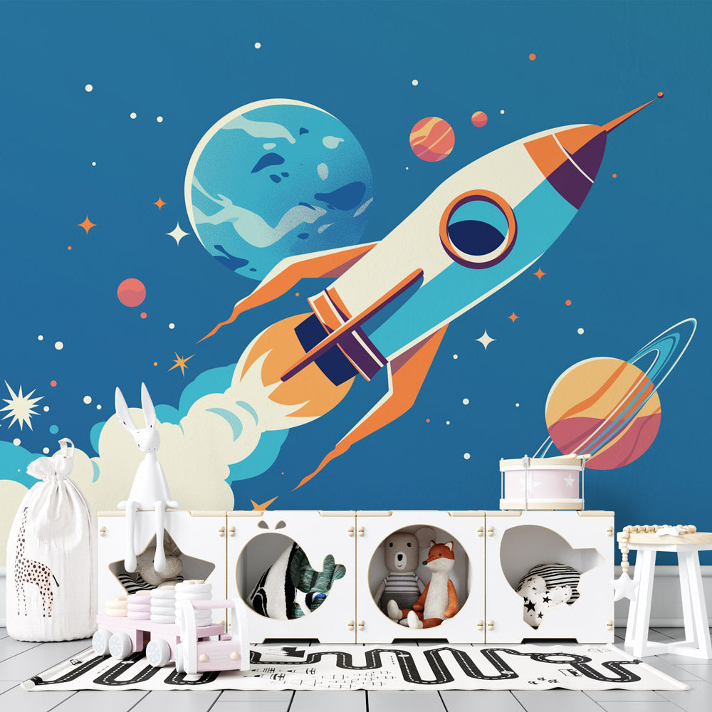 Space Mural Wallpaper | Rocket in the midst of planets — WonderMural