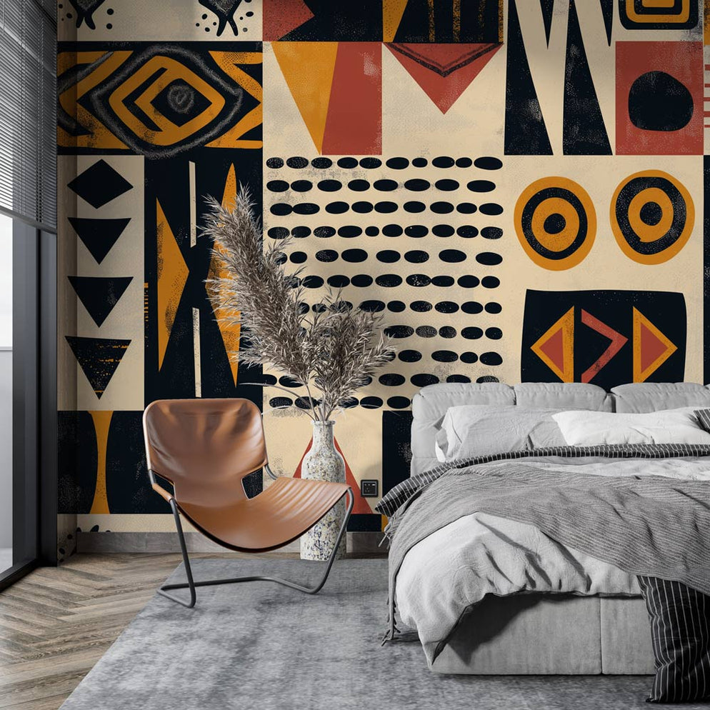 African Ethnic Mural Wallpaper | Red Yellow and Black Geometric Patter ...