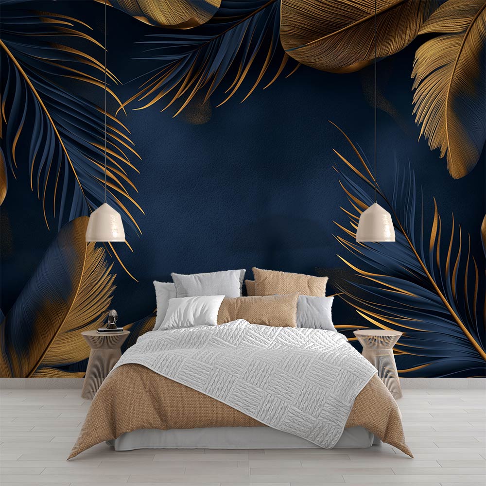 Feather Mural Wallpaper | Blue and Gold — WonderMural