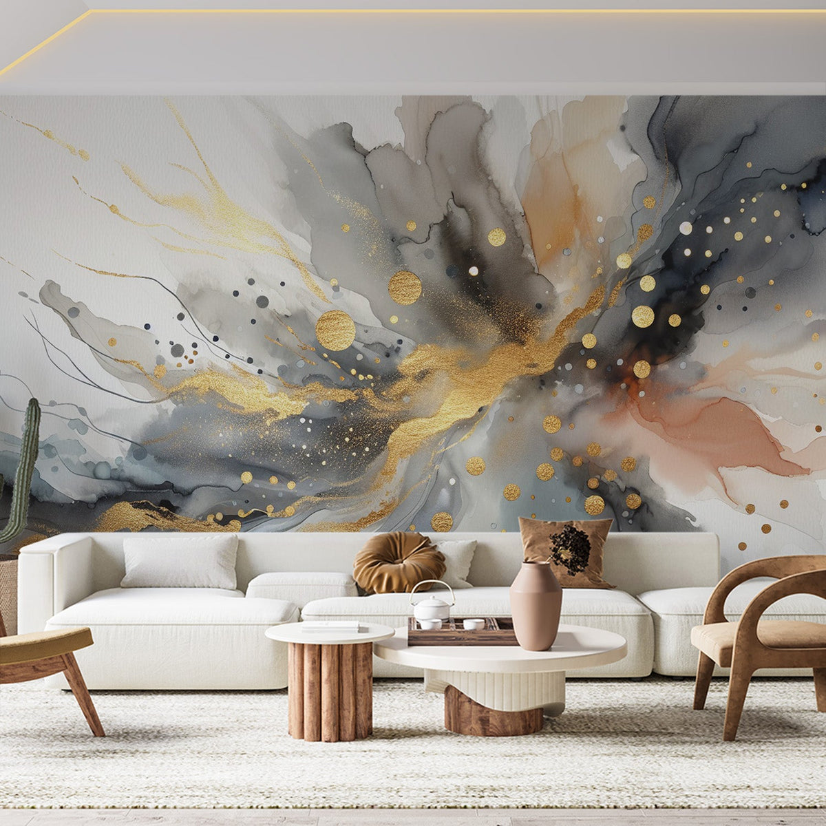 Abstract Mural Wallpaper | Watercolor and Burst of Golden Splatters ...