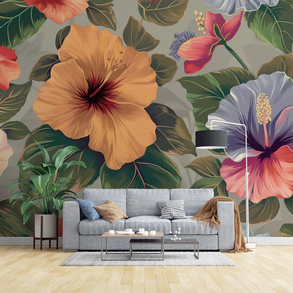 Mural Wallpaper hibiscus flowers | Vintage painting with large green l ...