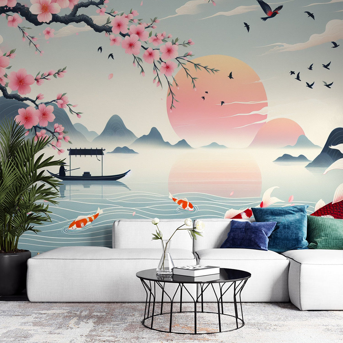 Japanese Cherry Blossom Mural Wallpaper | Sunset and Tranquil Lake in ...