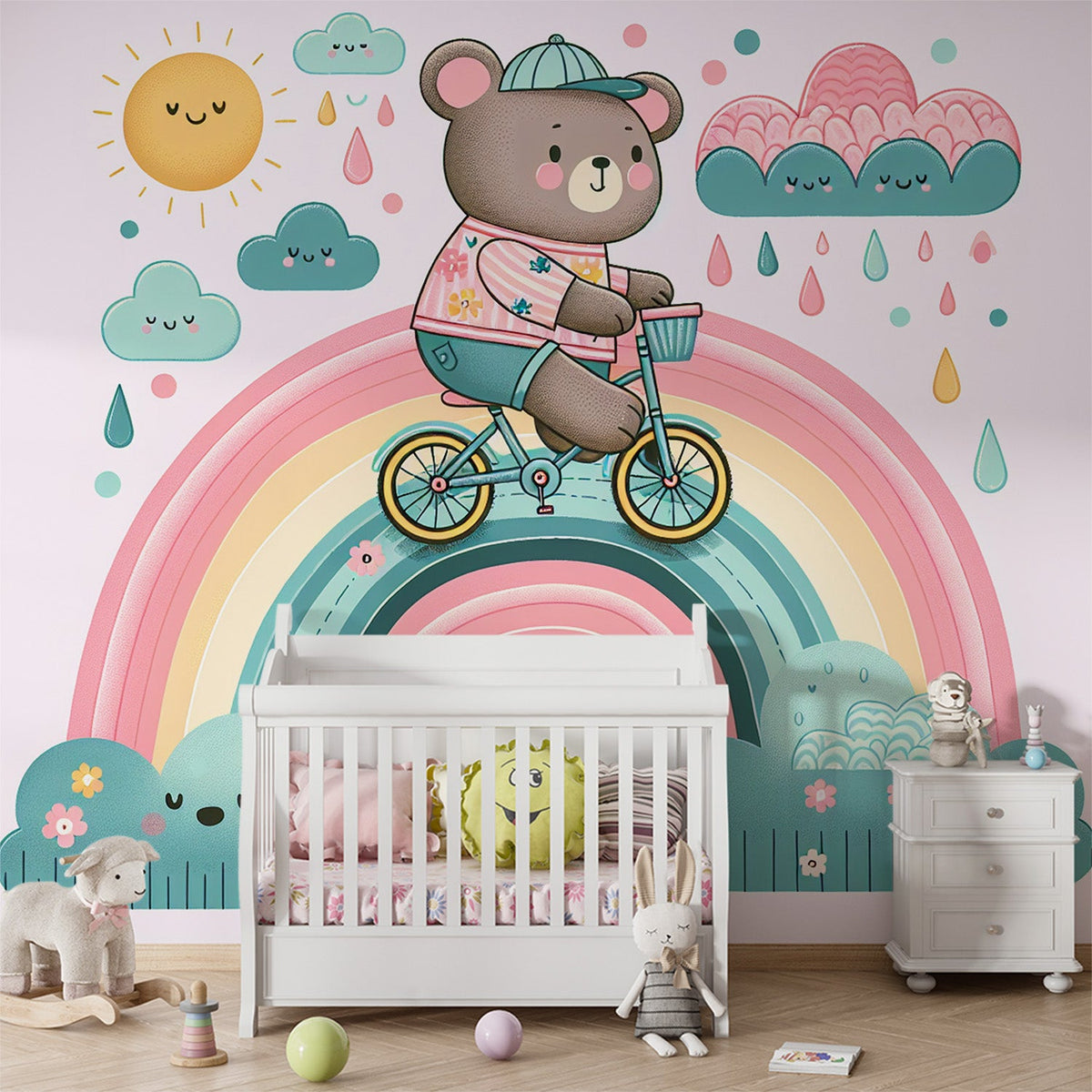 Rainbow Mural Wallpaper | Bear Riding a Bicycle, Sun and Rain on a Pin ...