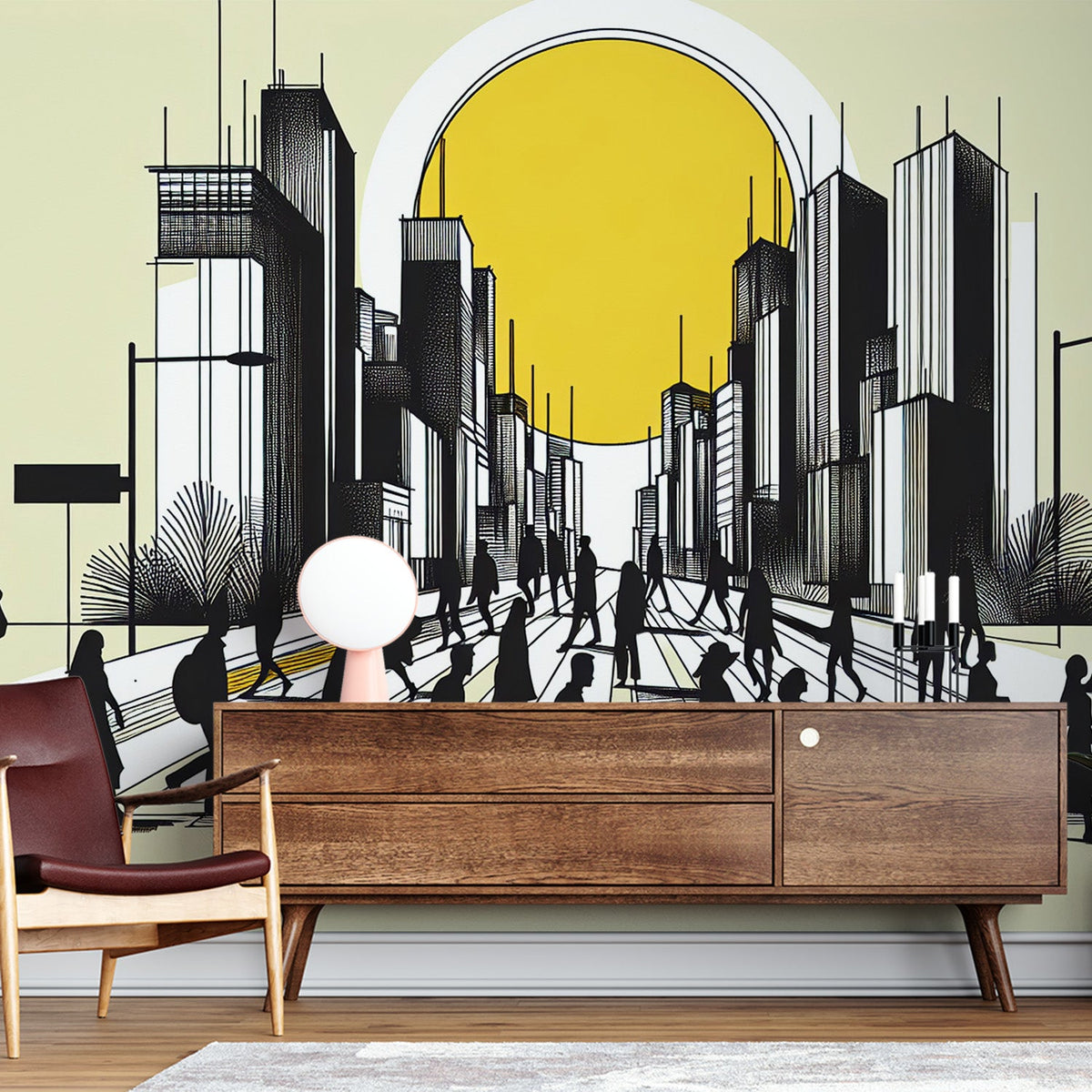 Comic Mural Wallpaper | Design Buildings and Yellow Sun — WonderMural