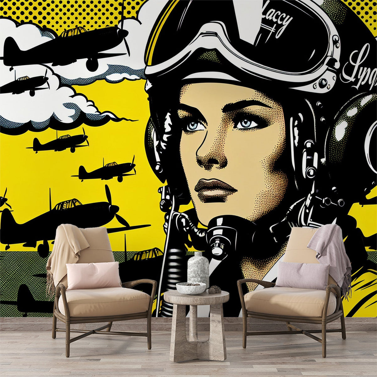 Comic Mural Wallpaper | Pop Art Style Fighter Pilot Woman — WonderMural