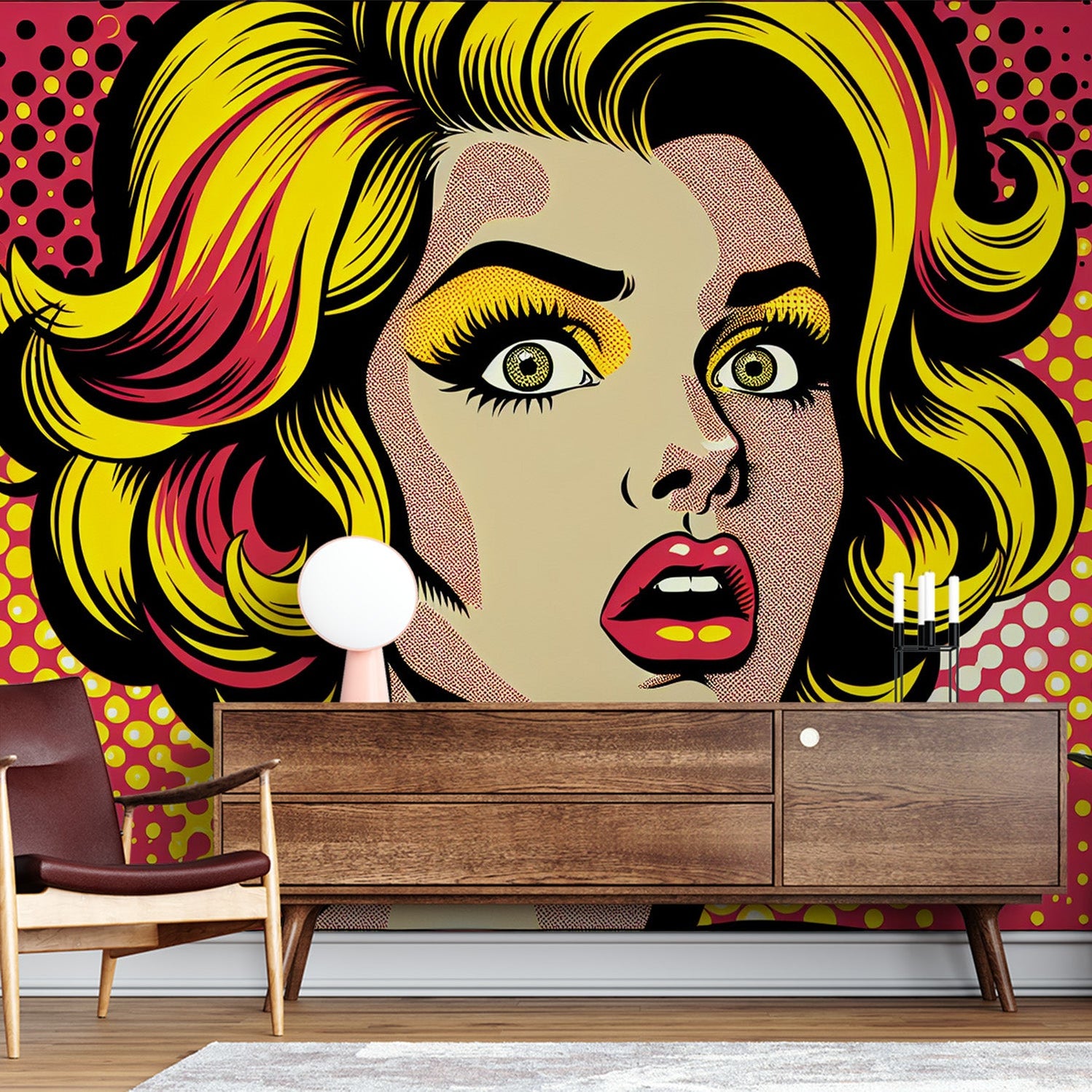 Comic Strip Mural Wallpaper | Pop Art Blonde Woman on Bright Red Backg ...