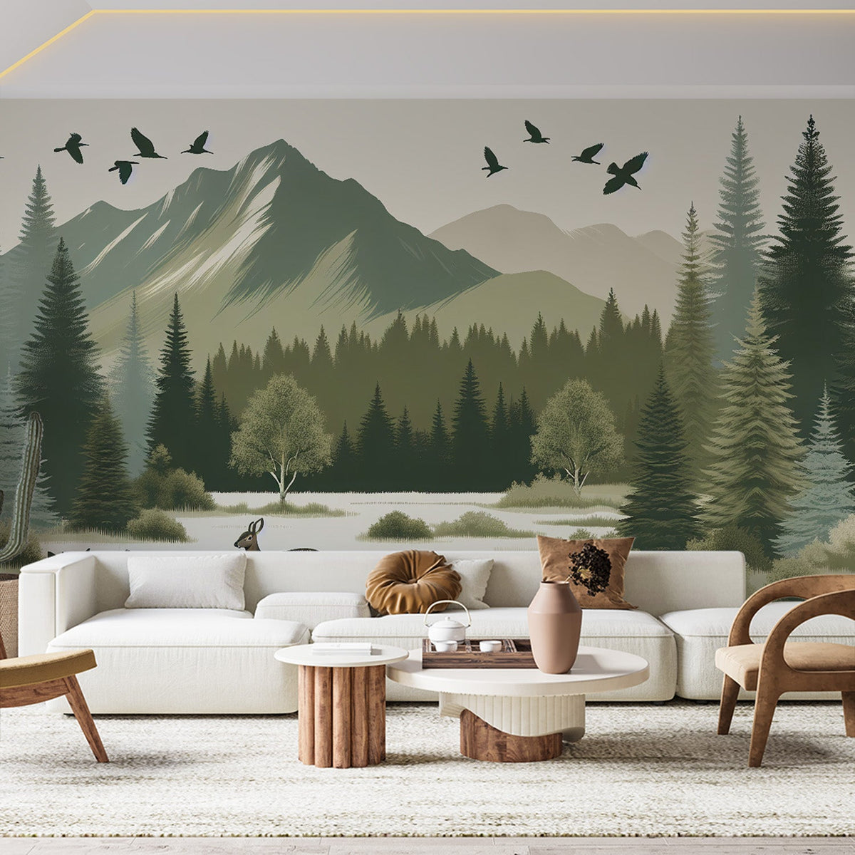 Forest Mural Wallpaper | Mountain and Forest Animals Coexisting ...
