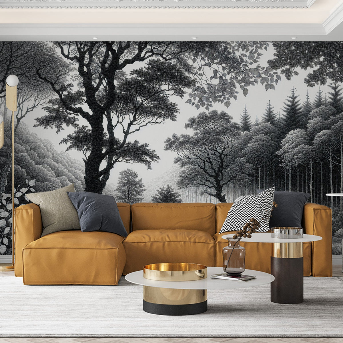 Black and White Forest Mural Wallpaper | Shrubs, Tall Trees, and Path ...