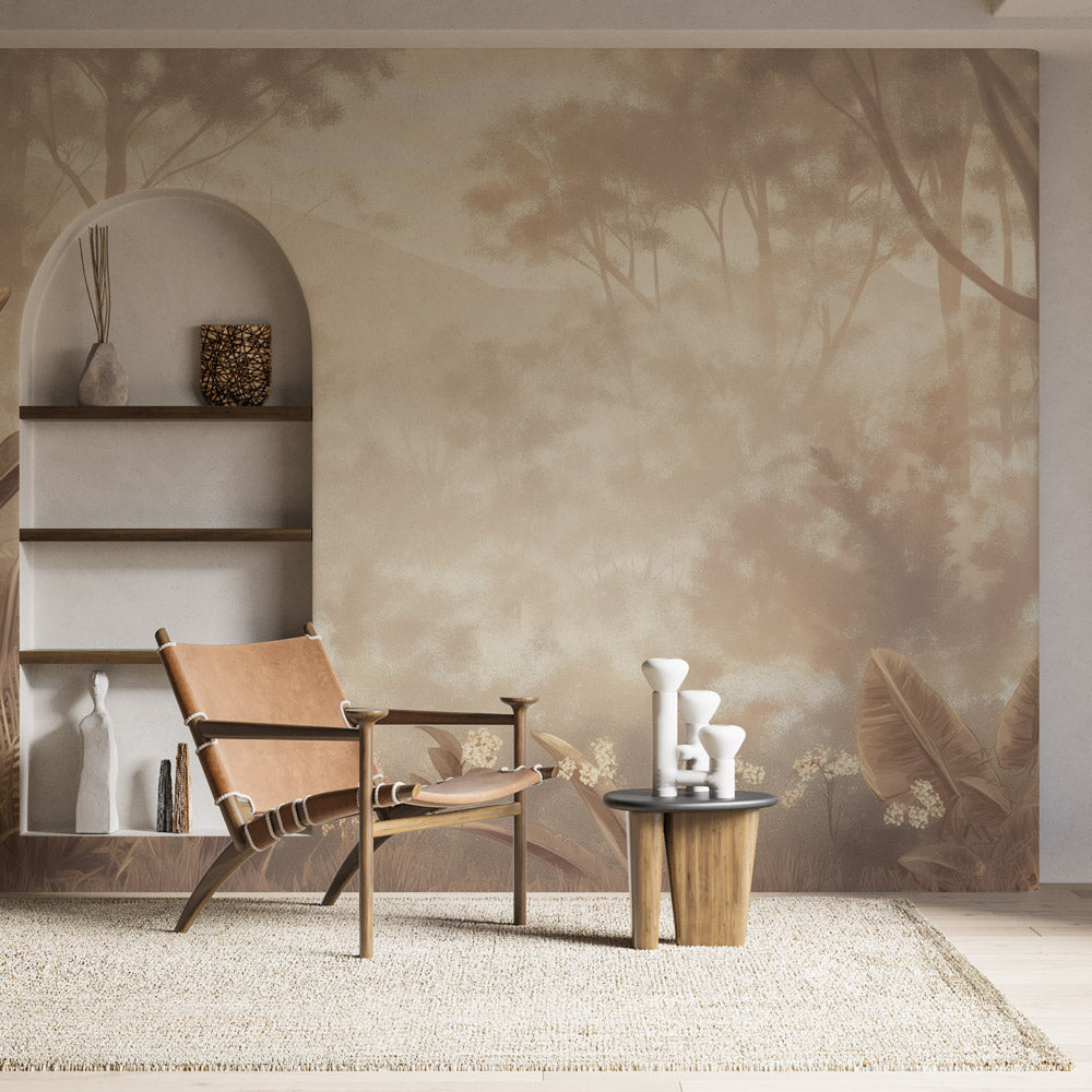 Beige Tropical Forest Mural Wallpaper | Mysterious Mist — WonderMural