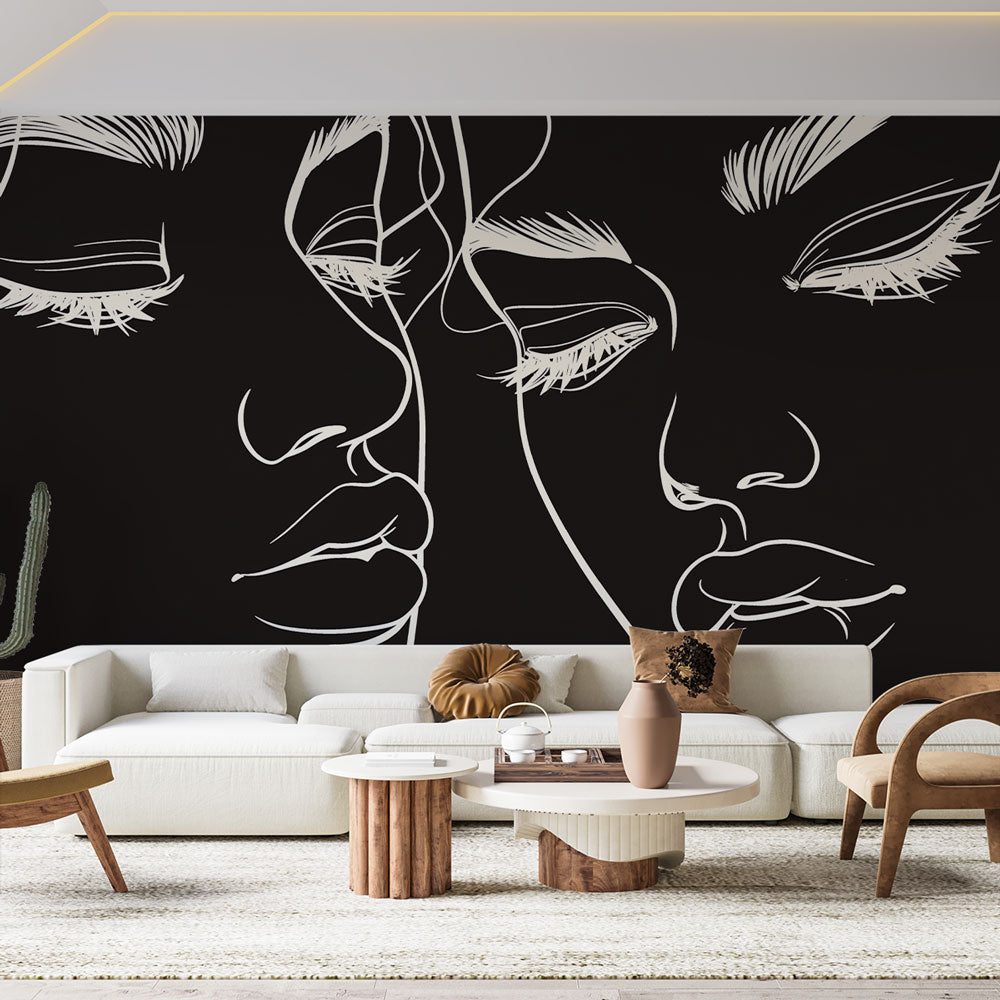 Line Art Mural Wallpaper | Two Black and White Faces — WonderMural