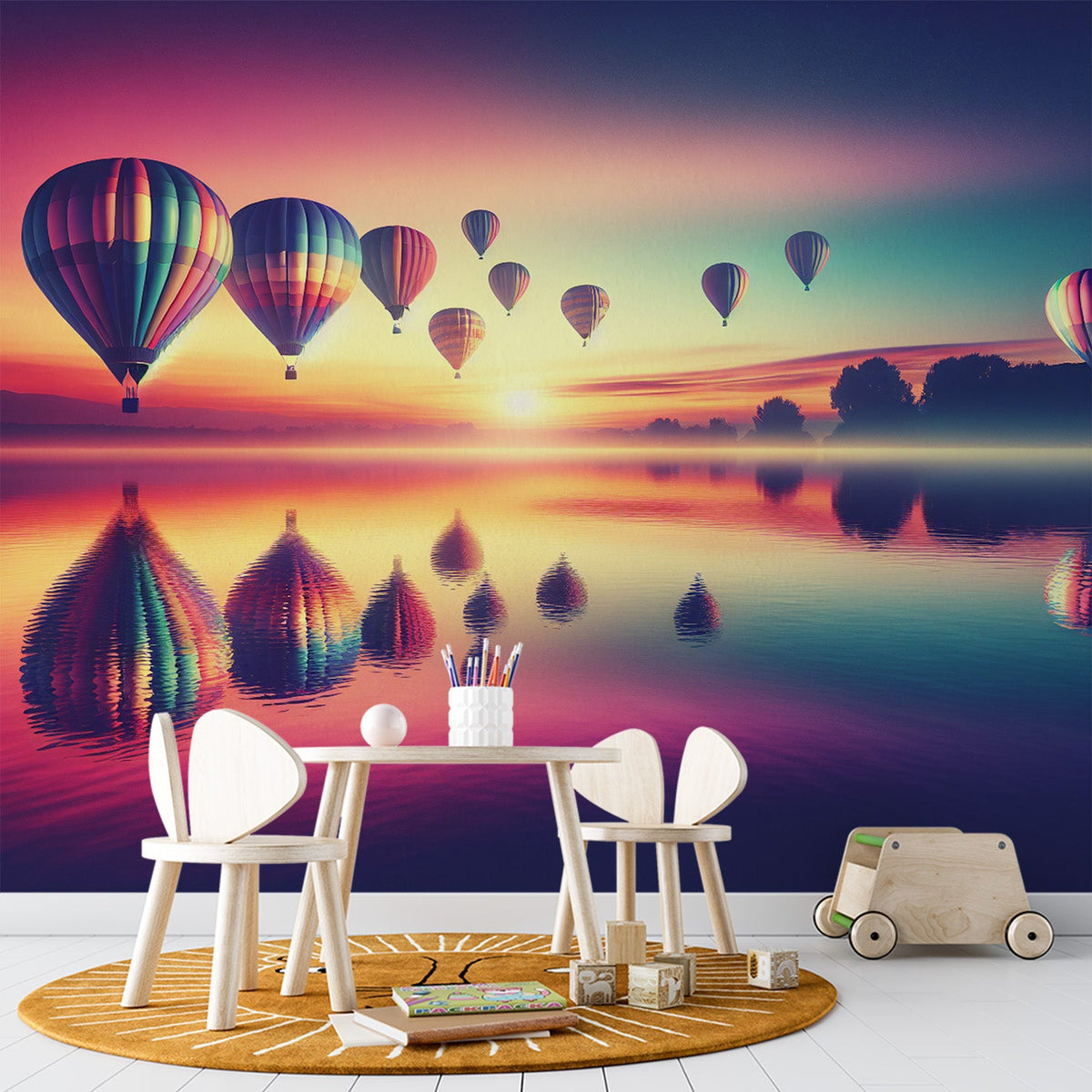 Hot Air Balloon Mural Wallpaper | Colorful Balloons Above a Lake ...
