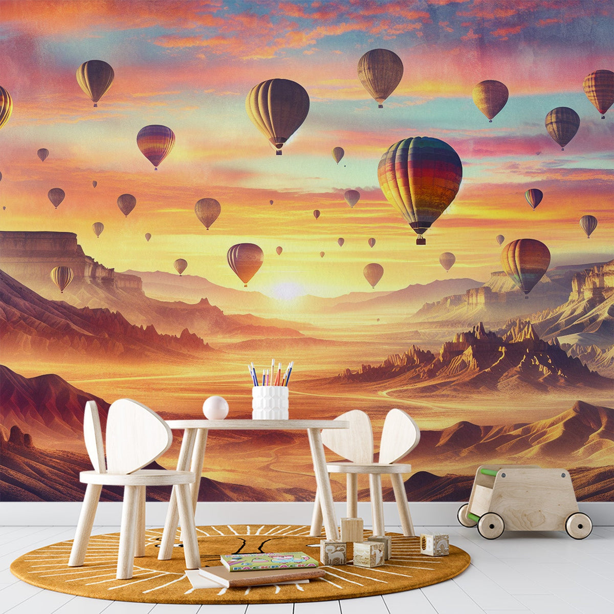 Hot air balloon Mural Wallpaper | Colorful balloons in a mountainous r ...