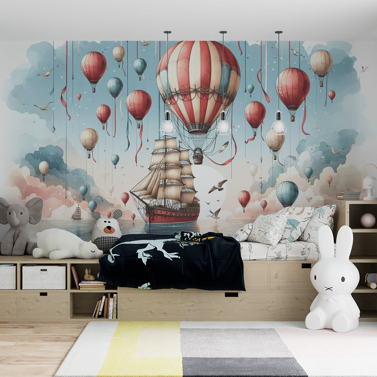Hot Air Balloon Mural Wallpaper | Pirate Ship and Colorful Hot Air Bal ...