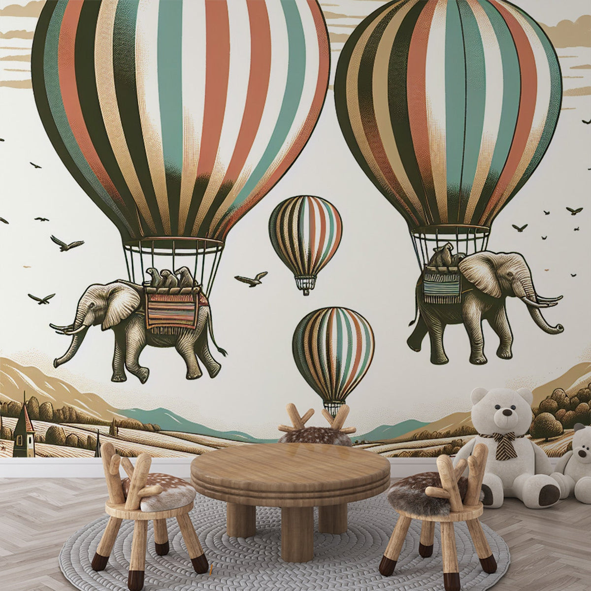 Hot Air Balloon Mural Wallpaper | Flying Elephants Above the Plains ...