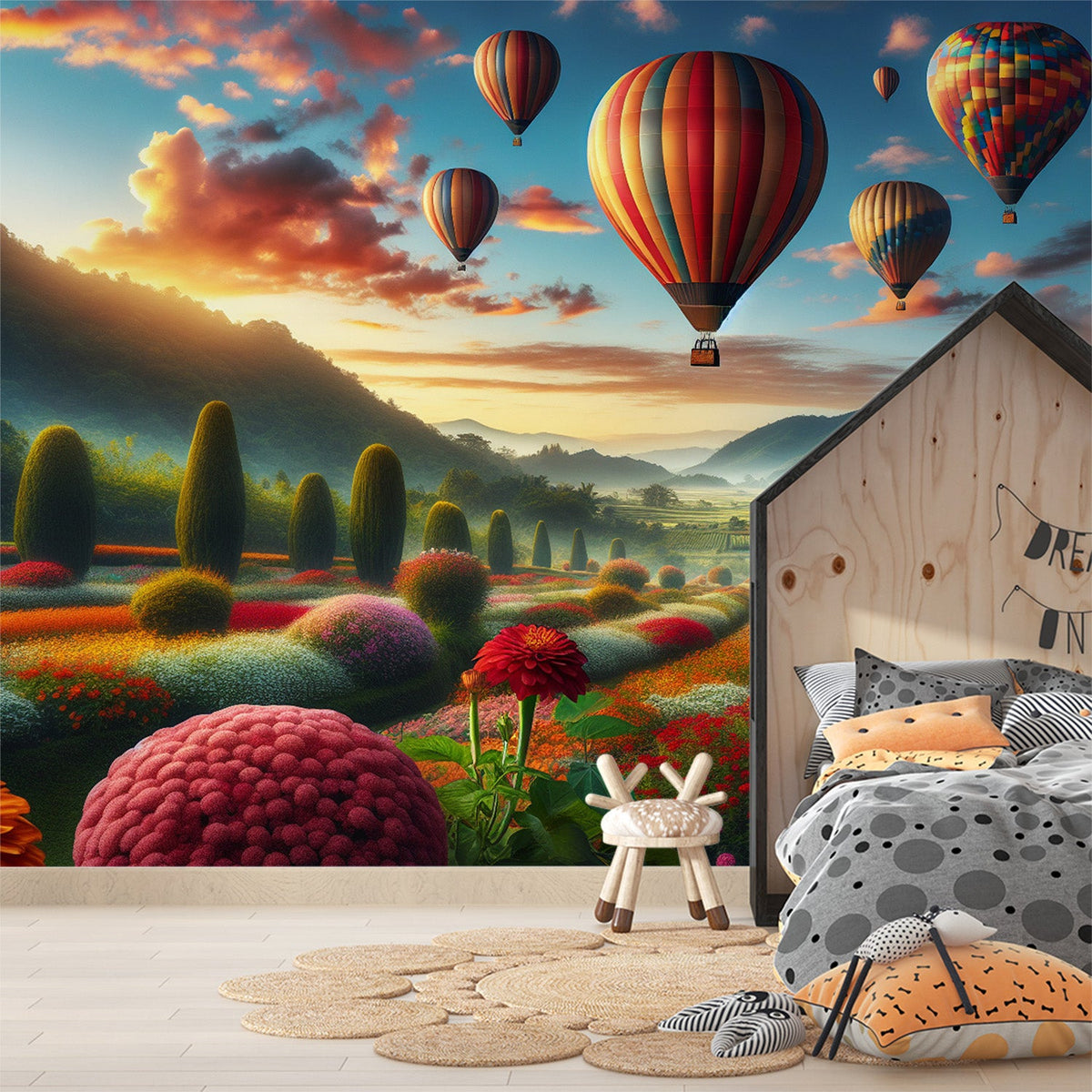 Hot Air Balloon Mural Wallpaper | Soaring Above Colorful Meadows ...