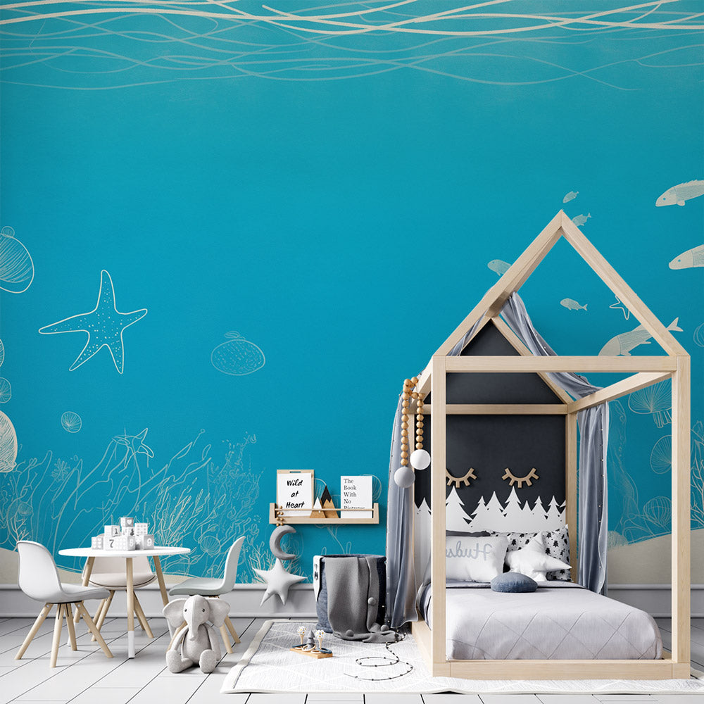 Ocean Mural Wallpaper | Blue White Monochrome — WonderMural