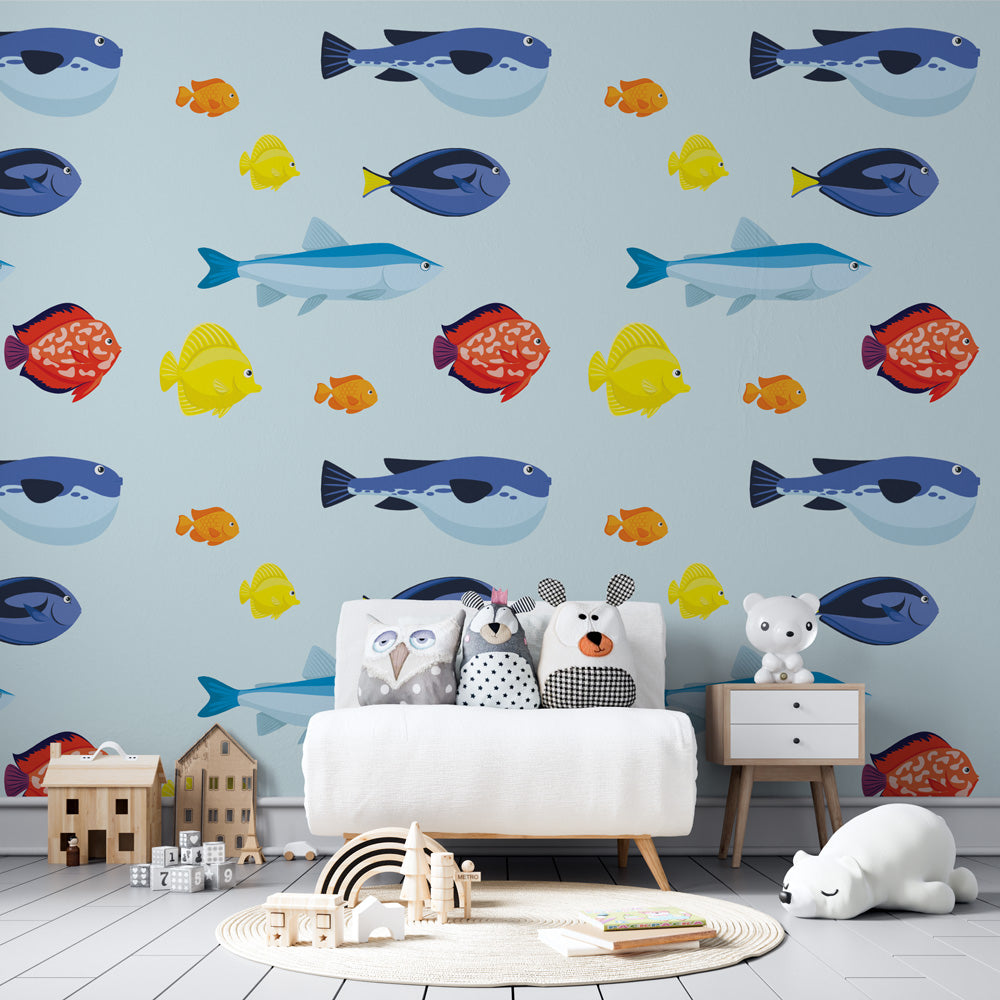 Fish Mural Wallpaper for Kids' Bedroom | Fish on Sky Blue Background ...