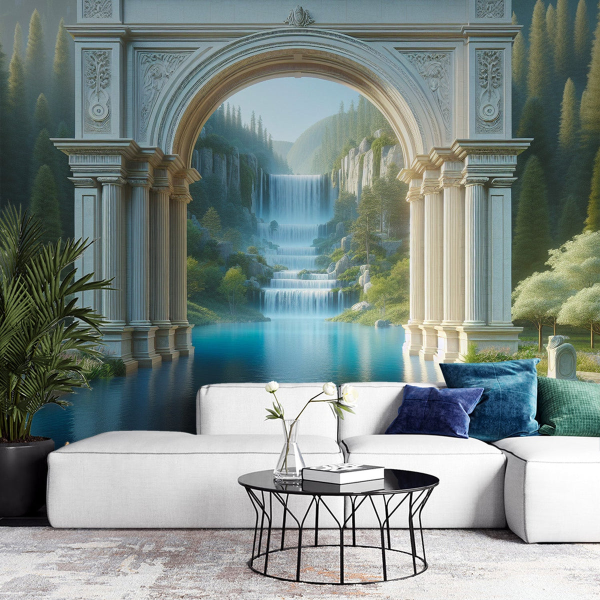 Mural Wallpaper Optical Illusion | Arch and Waterfall in a Mountainous ...