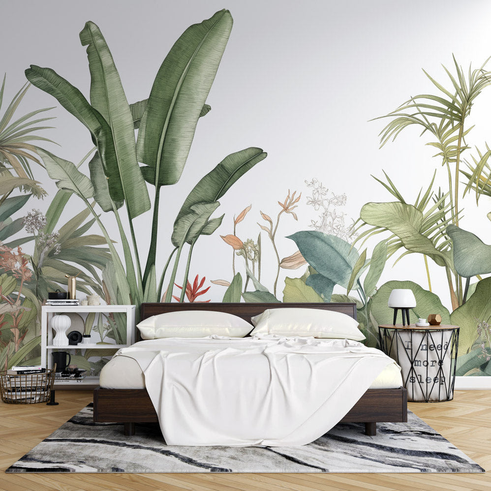 Tropical Mural Wallpaper | Green Leaves and Golden Flowers — WonderMural
