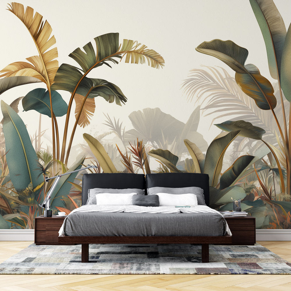 Tropical Mural Wallpaper | Green Leaves and Golden Flowers — WonderMural