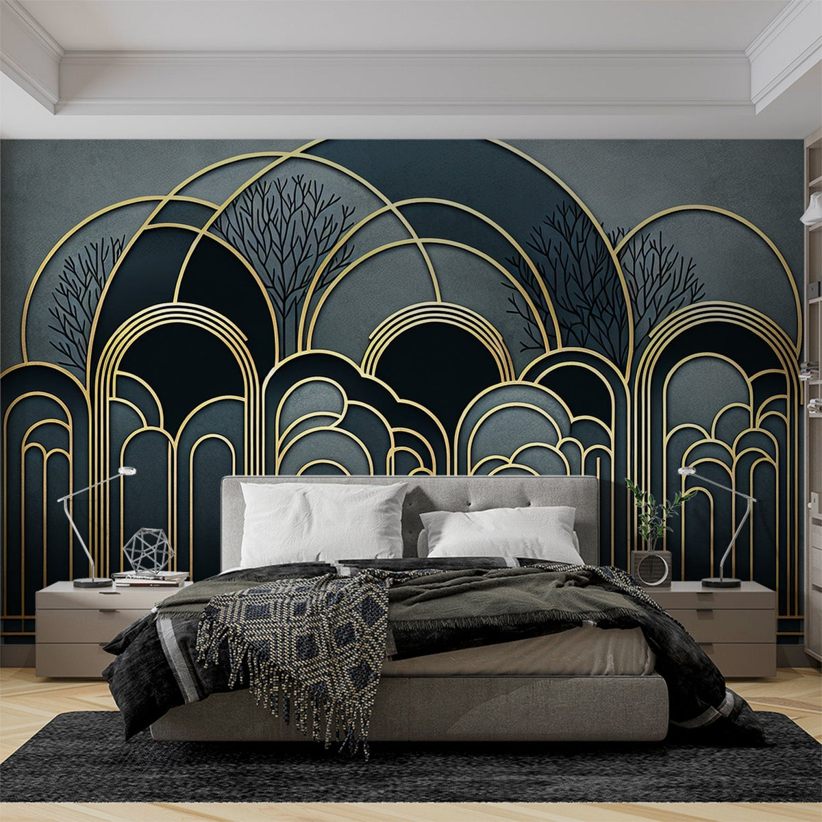 Art Deco Mural Wallpaper | Golden Arch and Tree Silhouette on Blue Bac ...
