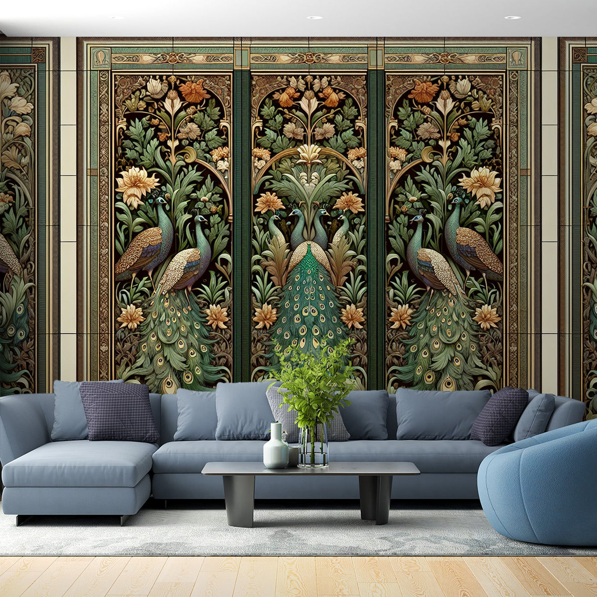 Art Deco Mural Wallpaper | Vintage Cement Tiles with Peacock and Folia ...