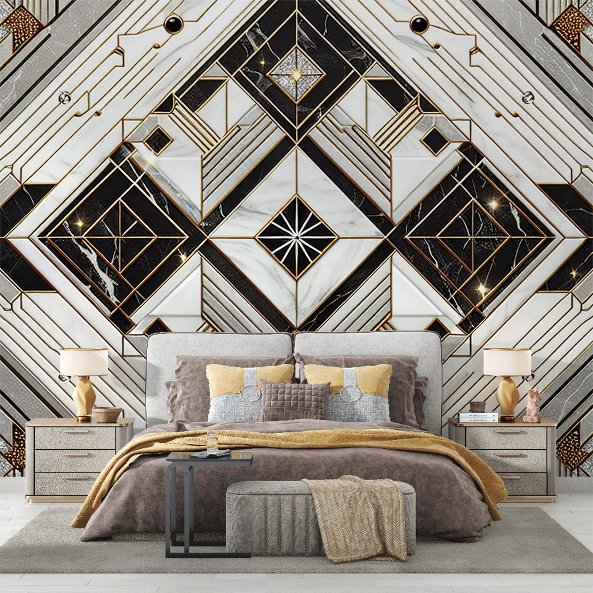 Art Deco Mural Wallpaper | Black and White Marble Tiles with Gold Thre ...