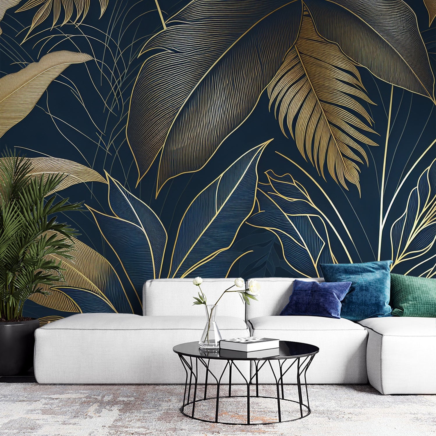 Art Deco Mural Wallpaper | Golden Botanical Composition on Midnight Bl ...