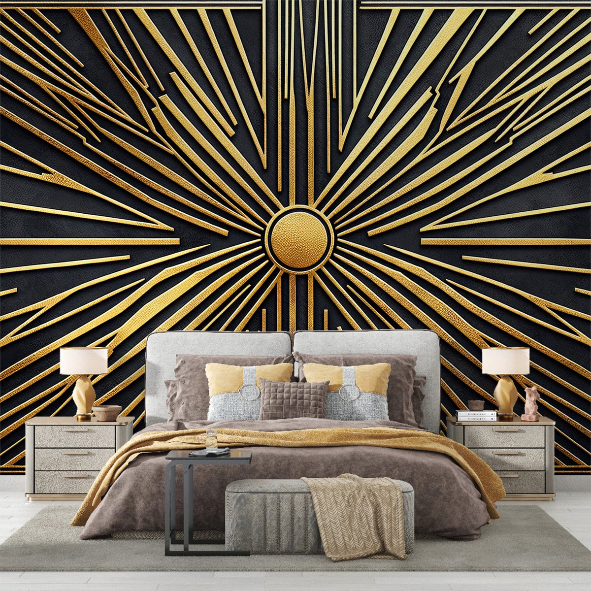 Art Deco Mural Wallpaper | Golden Explosion on Black Background ...