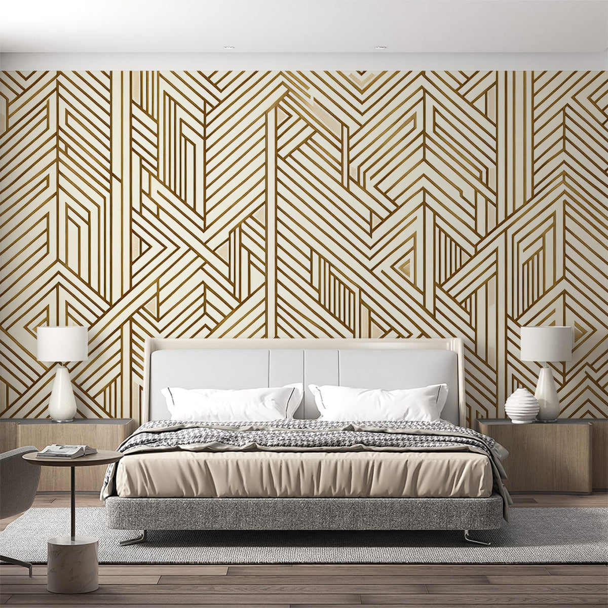 Art Deco Mural Wallpaper | Golden Geometric Shape on Cream Background ...