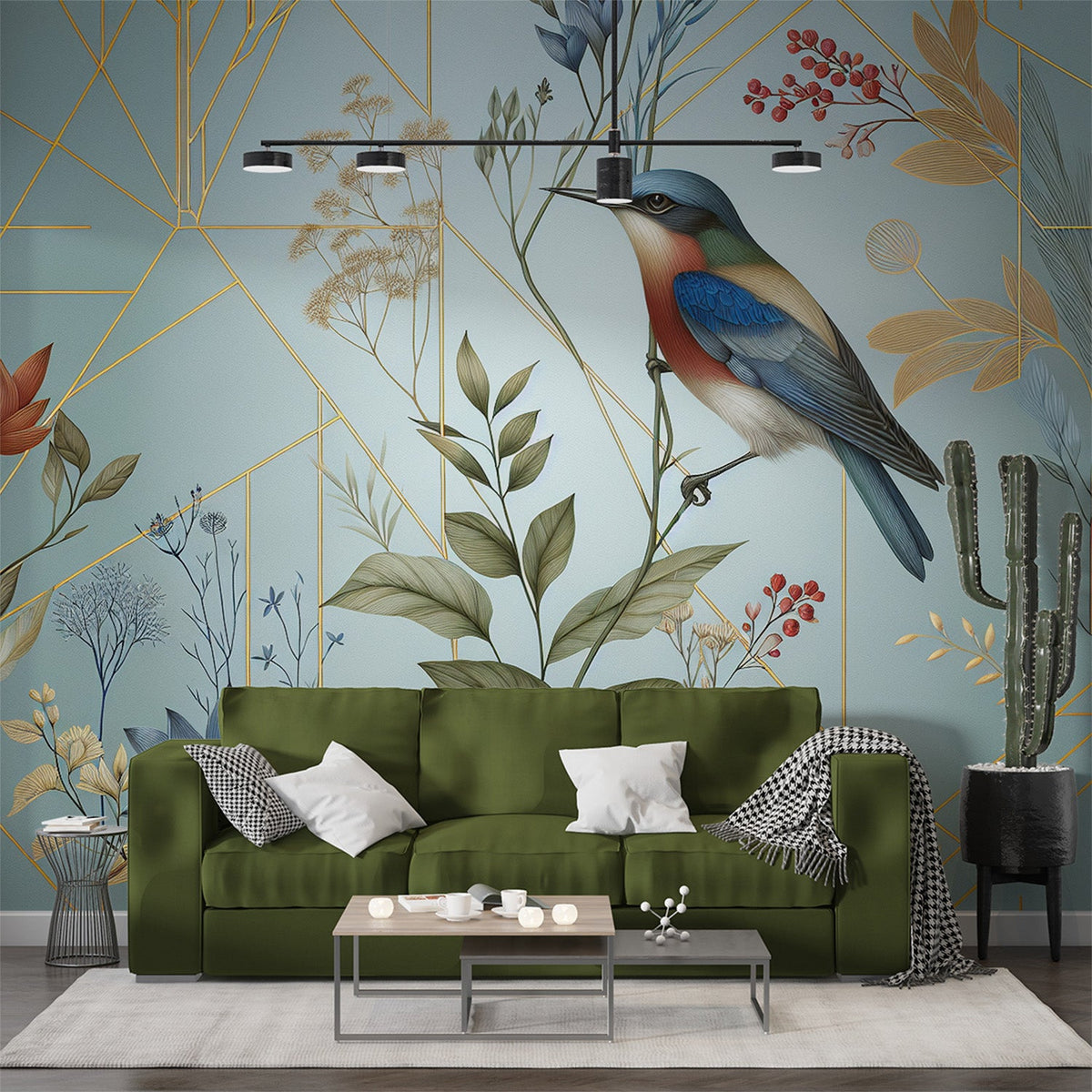 Art Deco Mural Wallpaper | Colorful Bird and Flowers on Vintage Blue B ...