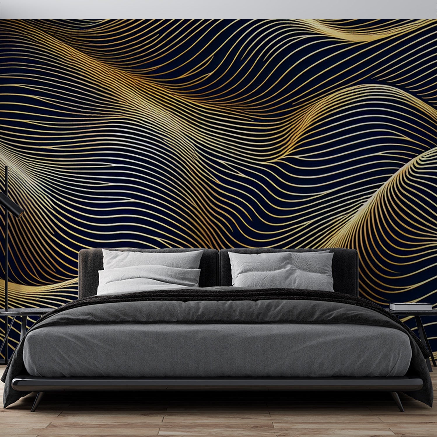 Art Deco Mural Wallpaper | Abstract Golden Wave on Midnight Blue Backg ...