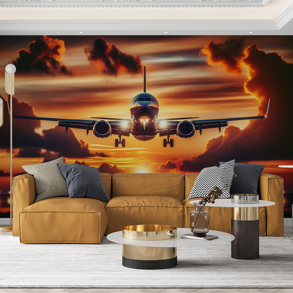 Airplane Mural Wallpaper | Landing on Runway at Sunset — WonderMural