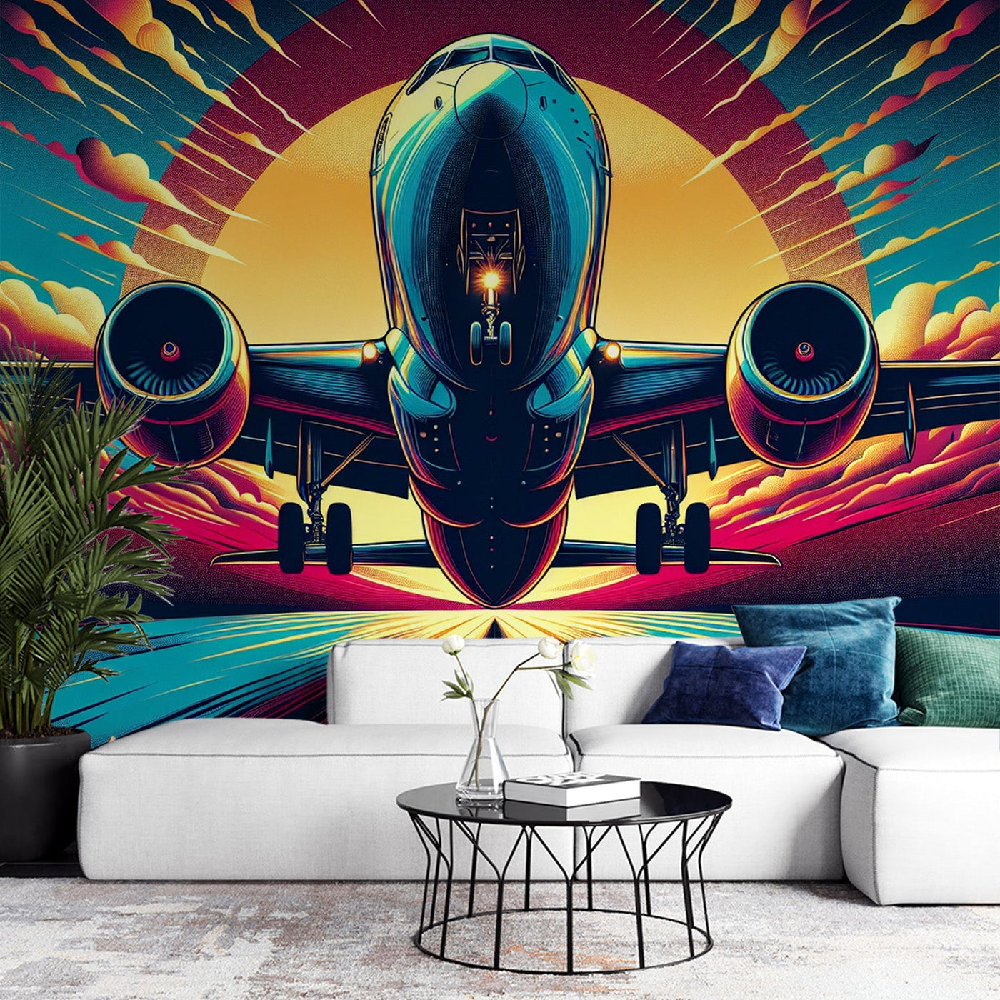 Airplane Mural Wallpaper | Takeoff in Pop Art and Colorful Style ...