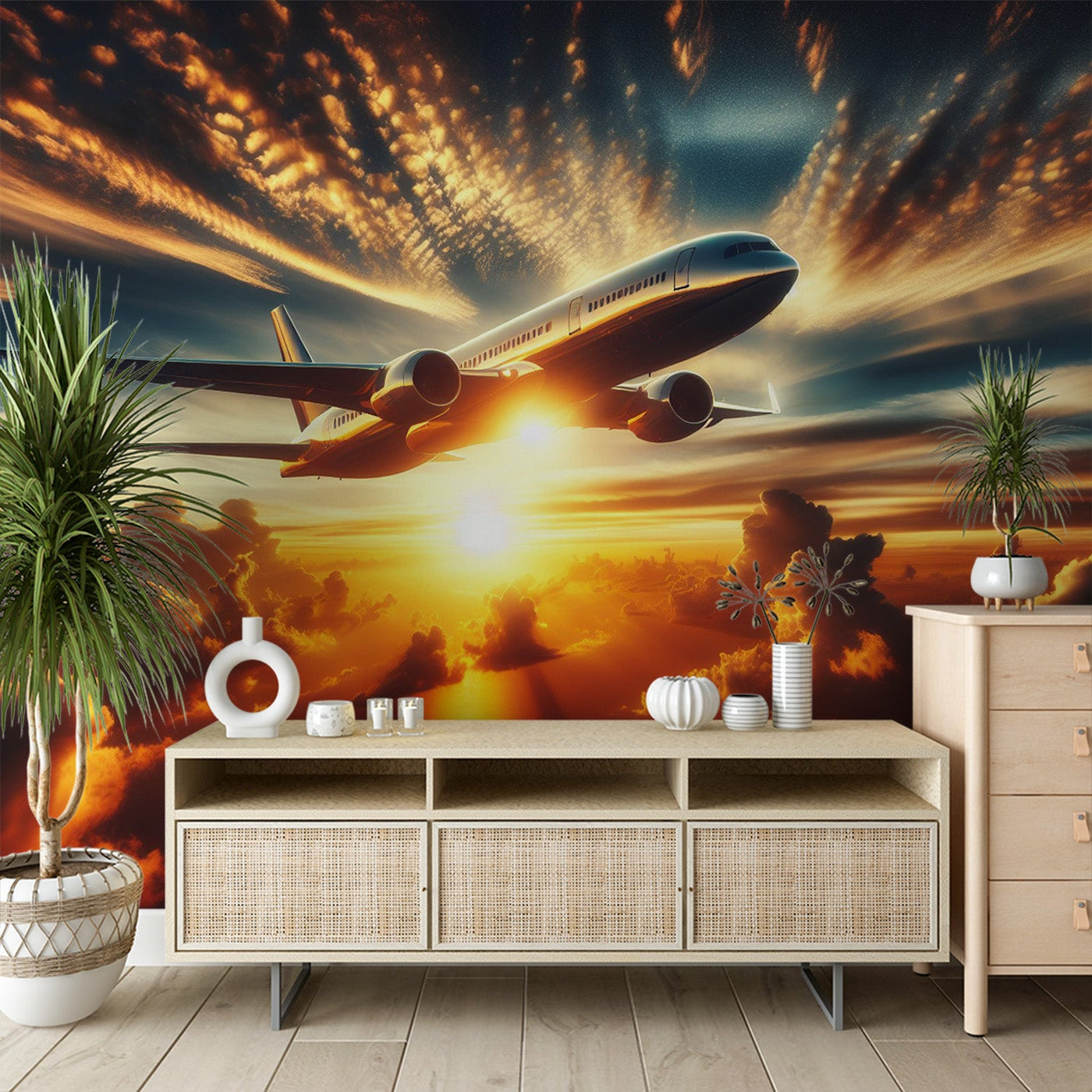 Airplane Mural Wallpaper | In Flight During Sunset — WonderMural