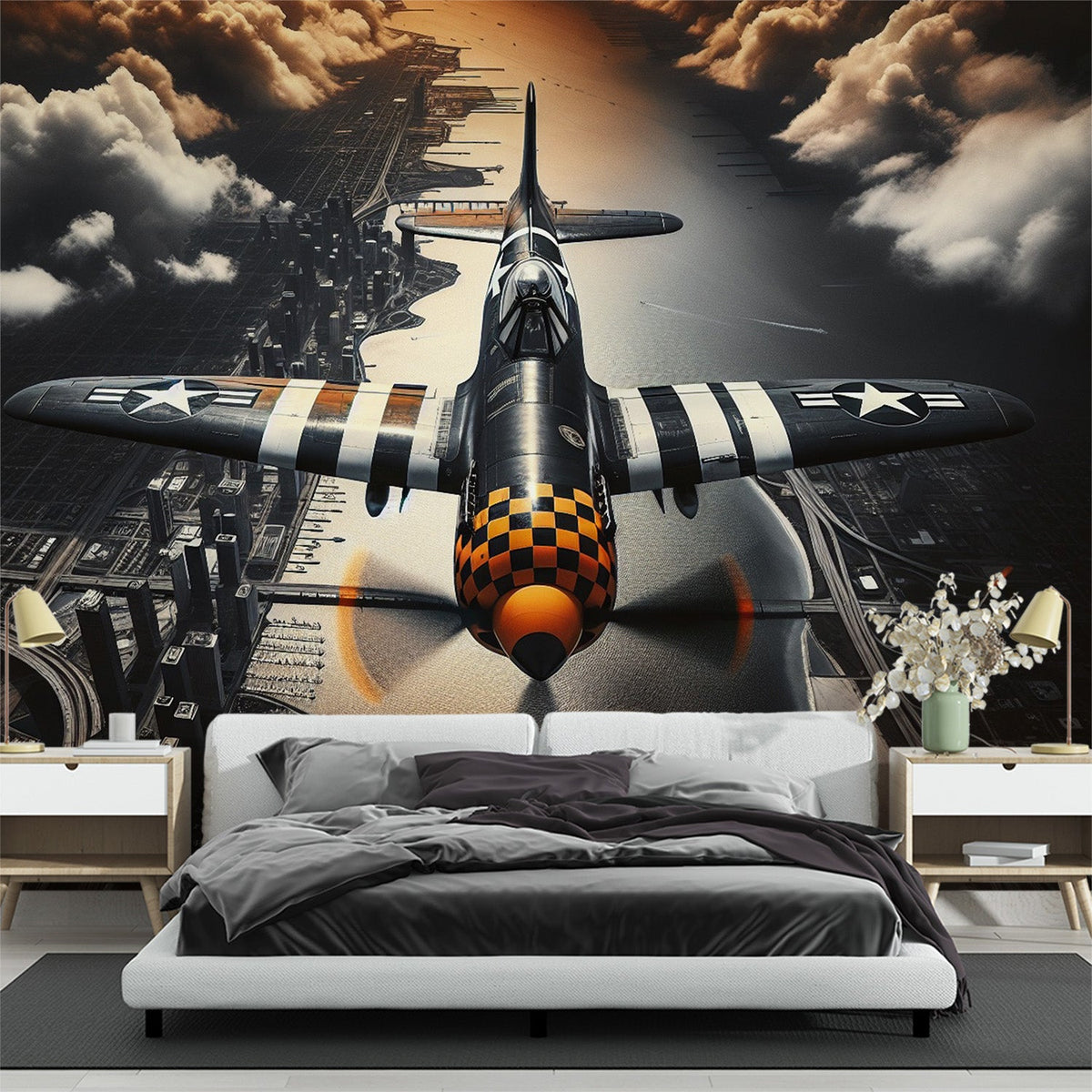 Airplane Mural Wallpaper | Flying Over Buildings and a Marina — WonderMural