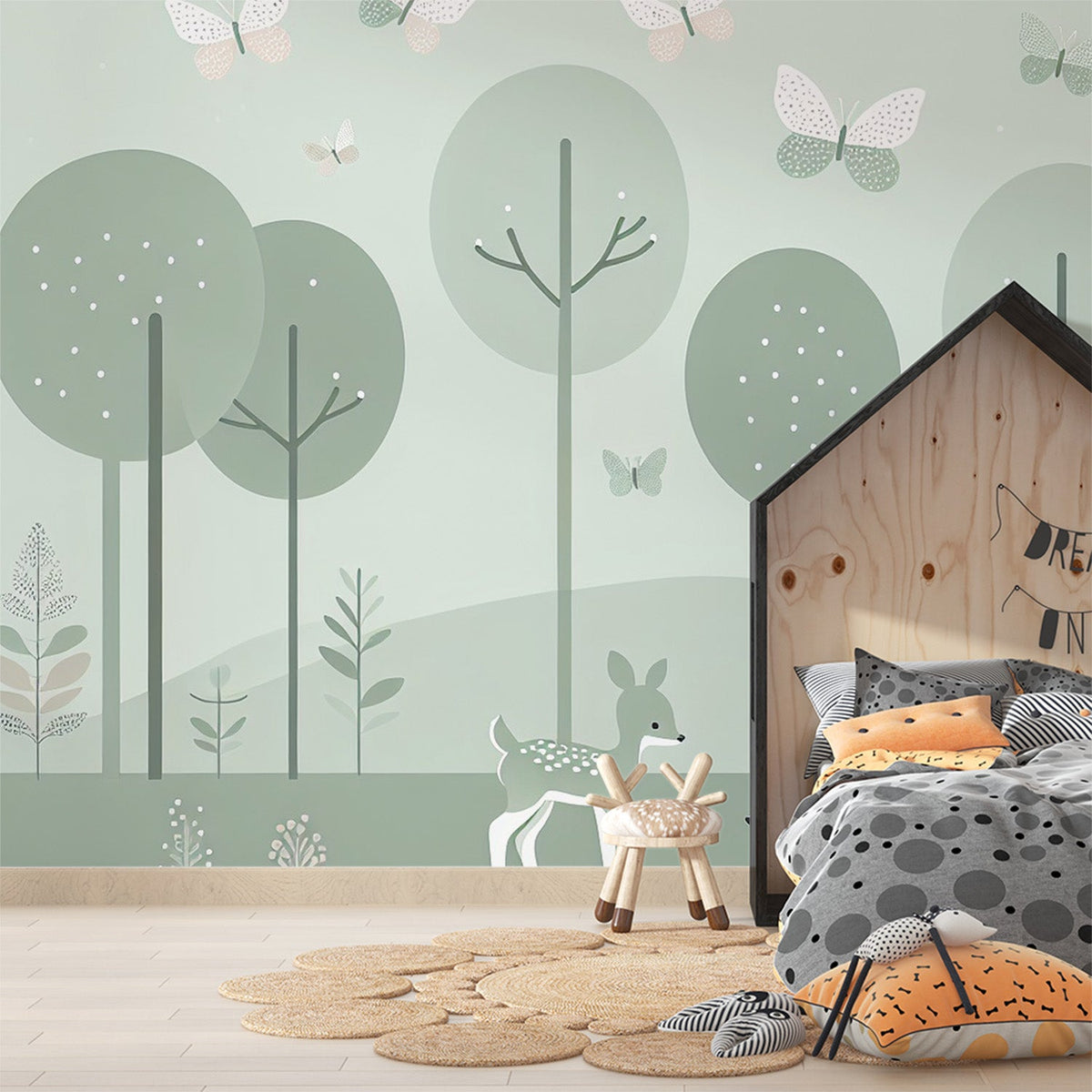 Deer Mural Wallpaper | Childish Illustration of Green Forest and Deer ...