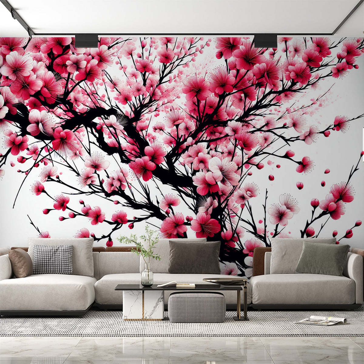 Japanese Cherry Blossom Mural Wallpaper | Red Cherry Blossom Flowers w ...