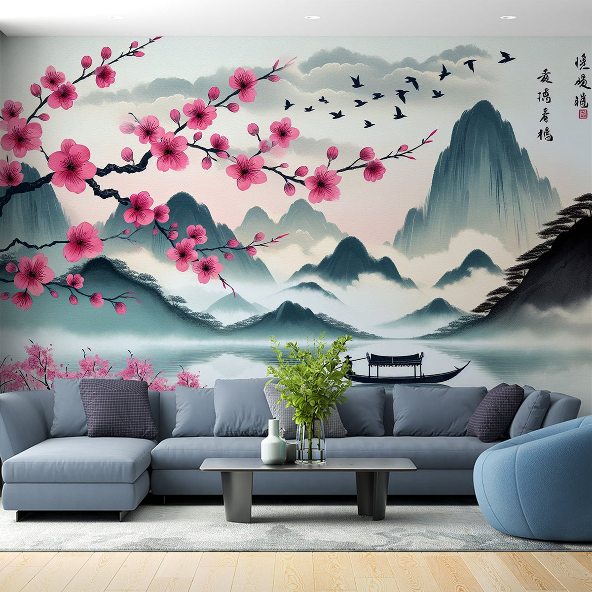 Japanese Cherry Blossom Mural Wallpaper | Zen Lake and Pink Cherry Blo ...