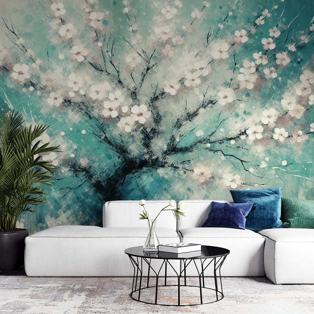 Japanese Cherry Blossom Mural Wallpaper | Blue Oil Painting Style with ...
