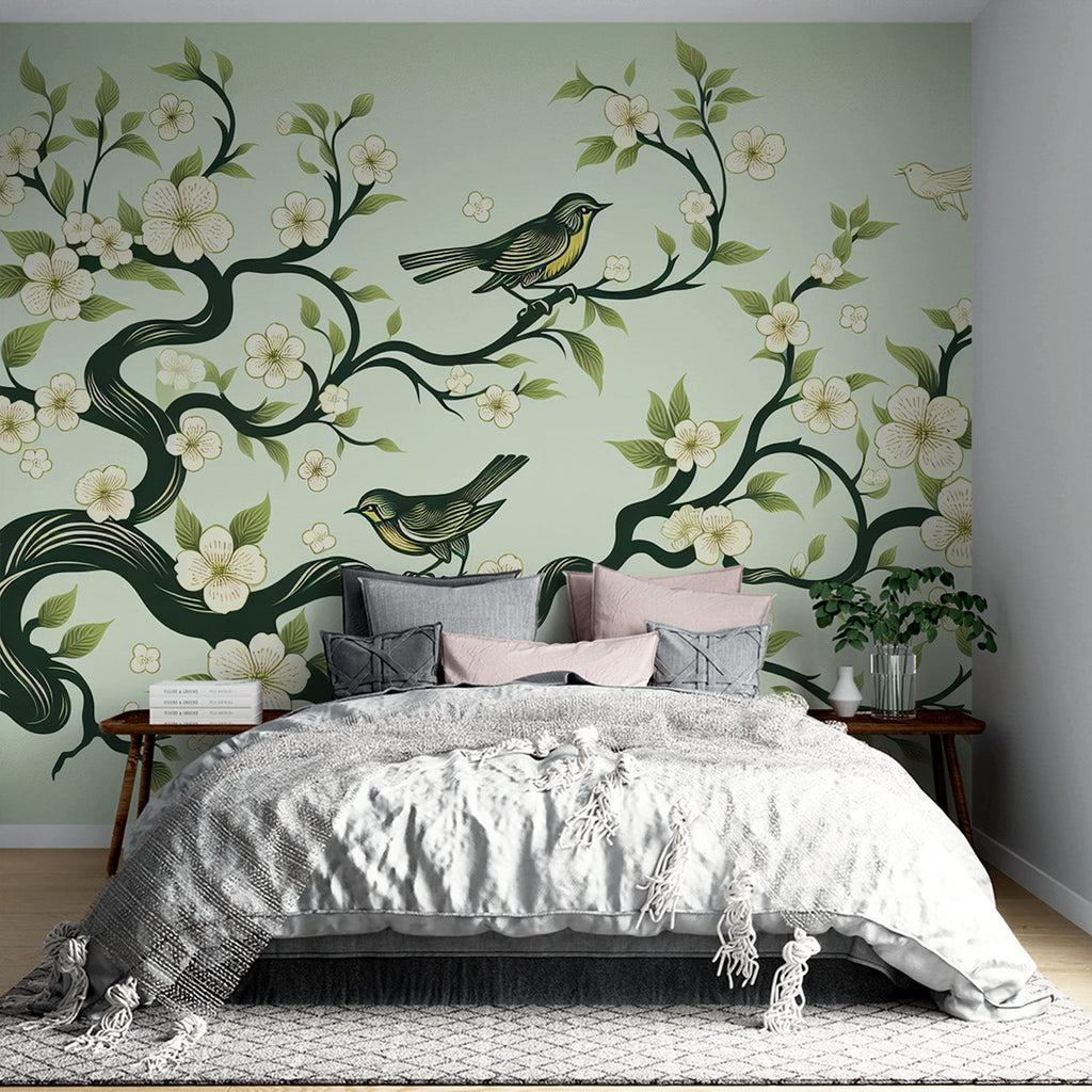 Pink Zen Japanese Cherry Blossom Mural Wallpaper | Birds, Tranquil Lak ...