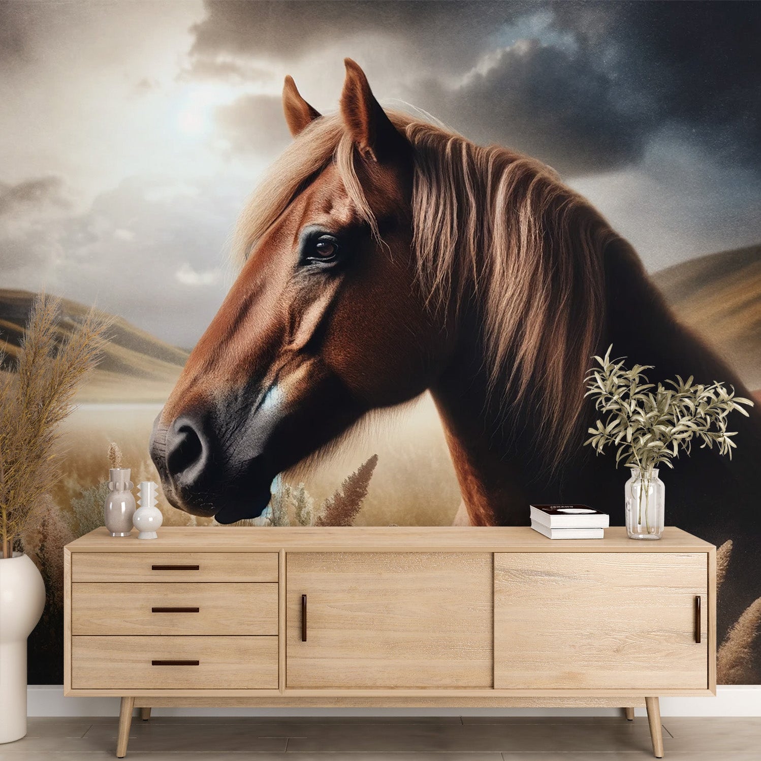 Brown Horse Mural Wallpaper | Fields in the Mountains — WonderMural