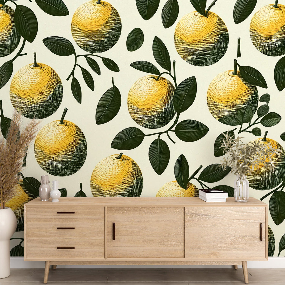 Lemon Mural Wallpaper | Round Lemon and Polka Dot Texture — WonderMural