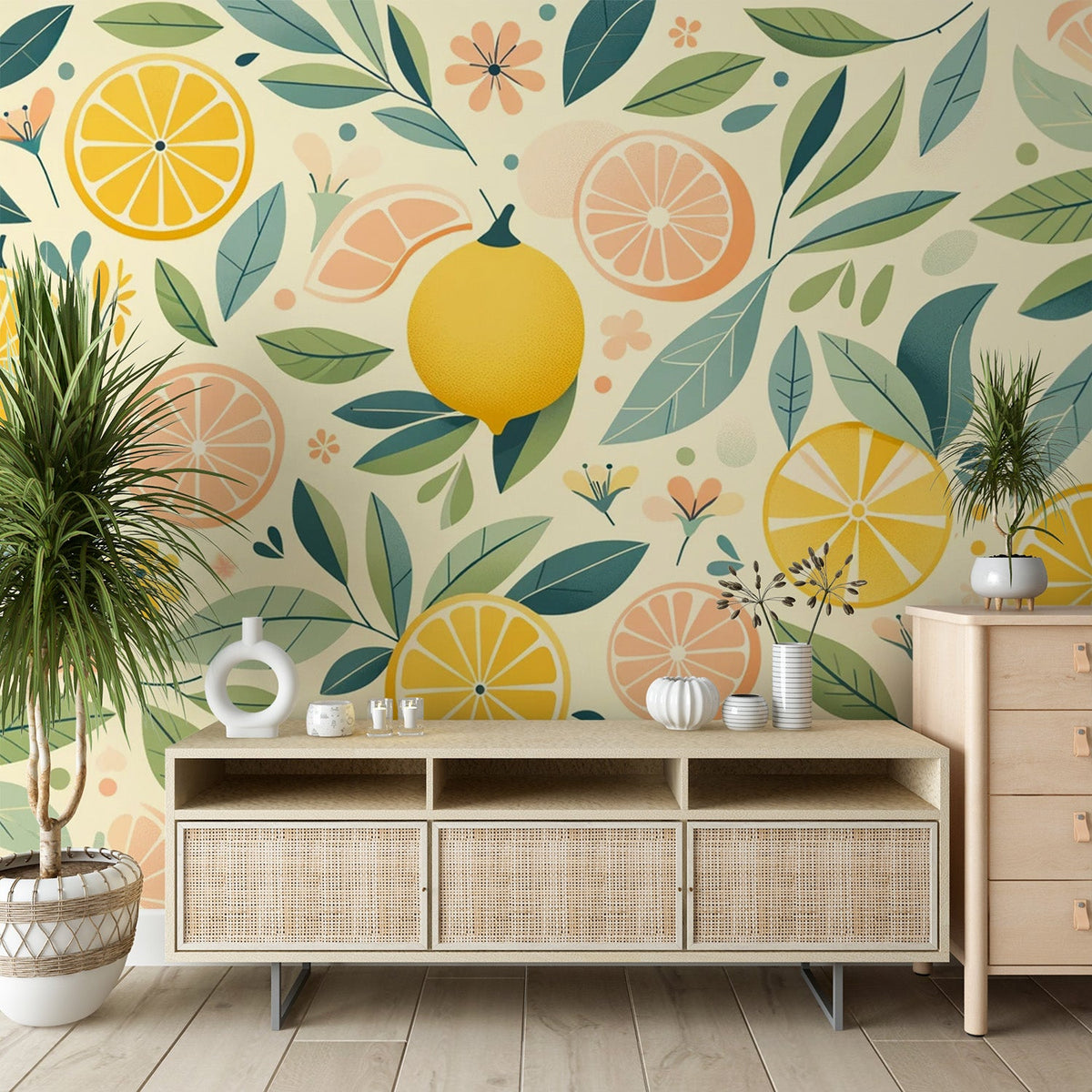 Yellow Lemon Mural Wallpaper | Flying Citrus and Foliage — WonderMural