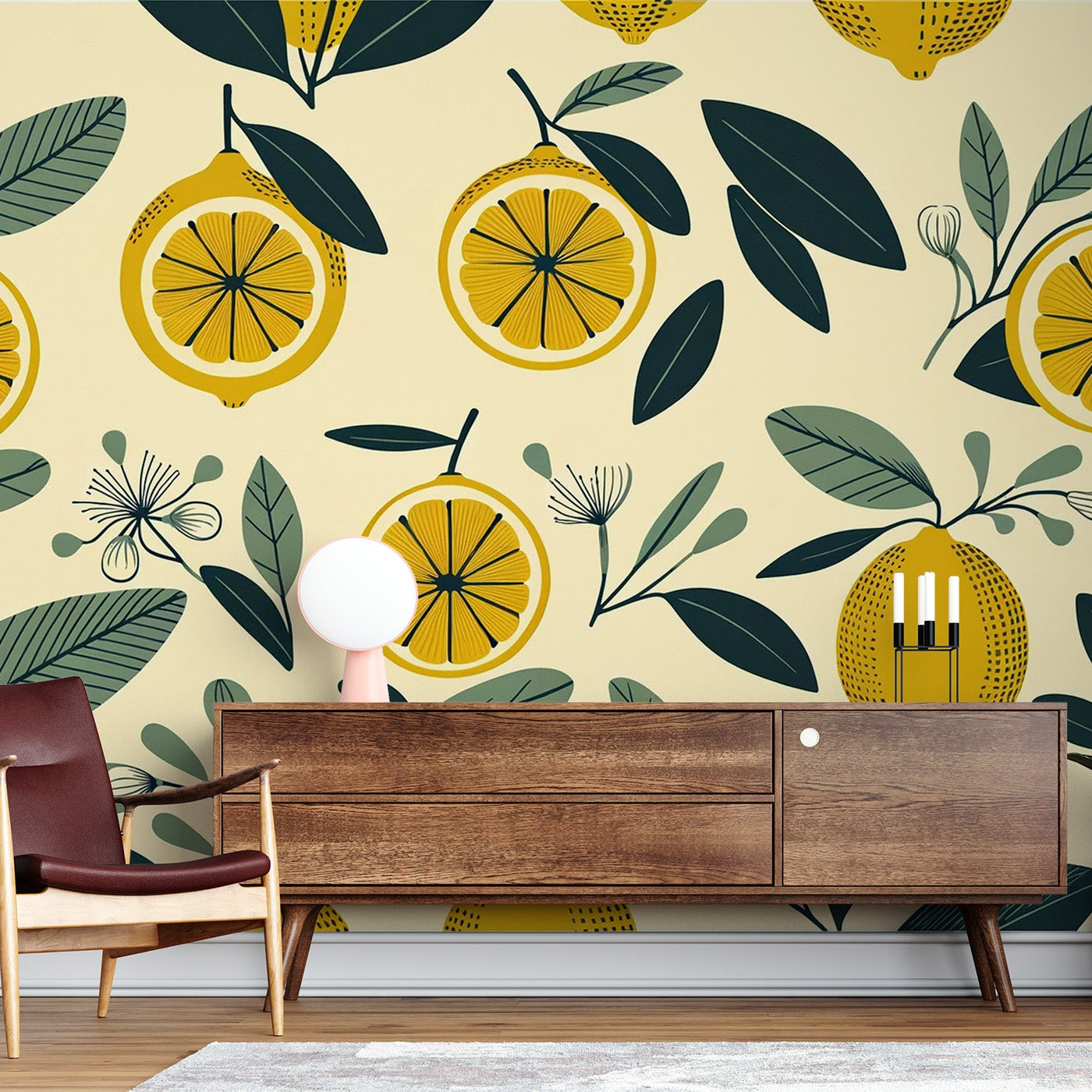 Yellow Lemon Mural Wallpaper | Green Leaf and Cut Lemon Patterns ...